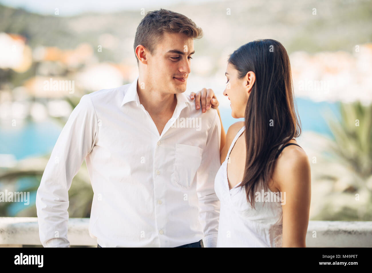Happy couple in love on a summer holiday vacation.Celebrating holiday ...