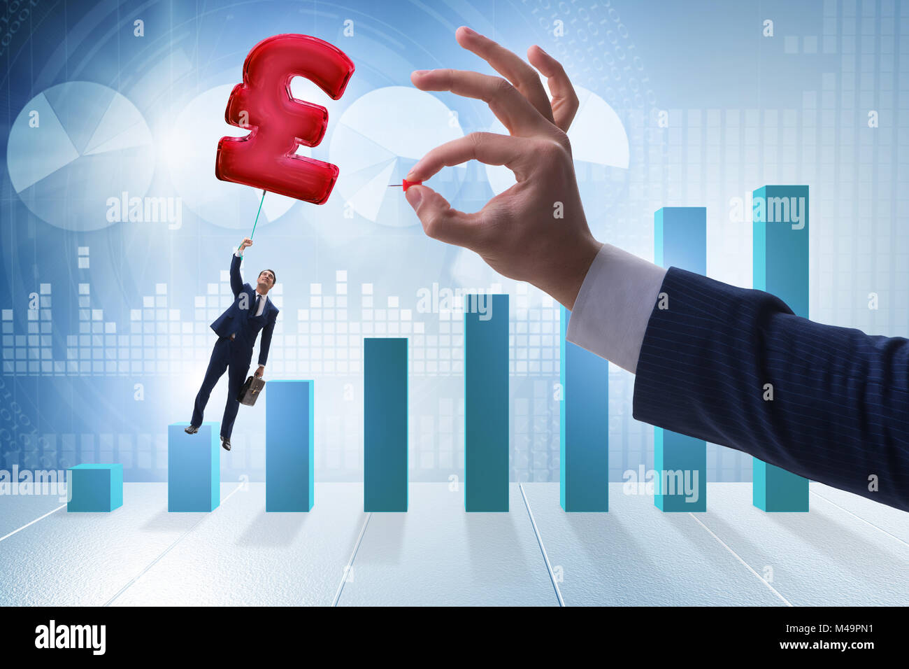 Businessman flying on british pound sign inflatable balloon Stock Photo ...