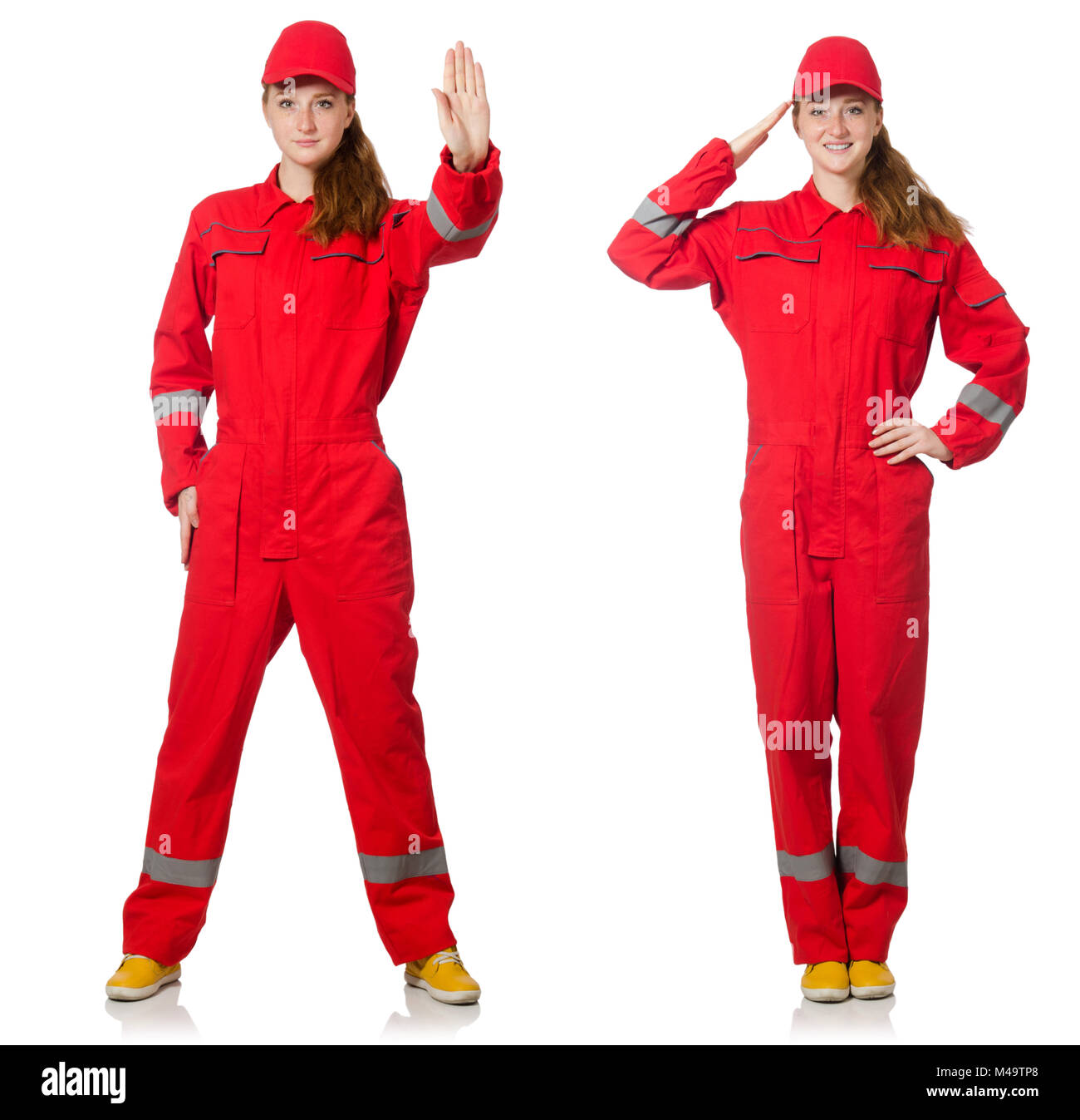 Woman in red overalls isolated on white Stock Photo - Alamy