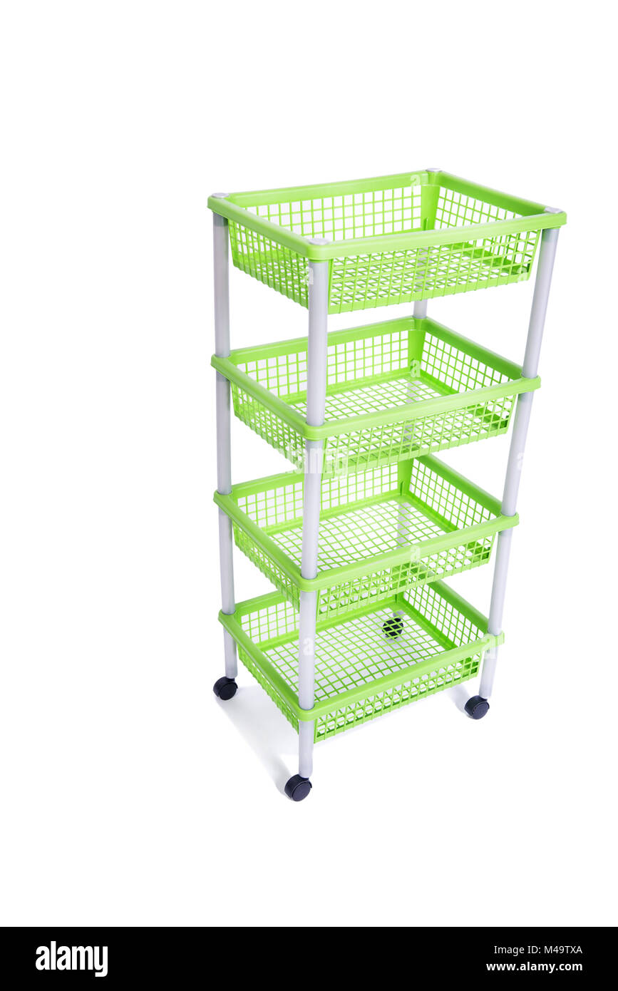 Green bin rack shelf with wheels isolated on white Stock Photo - Alamy