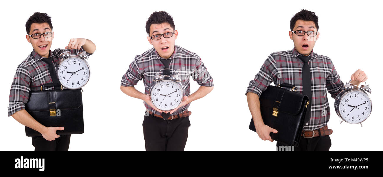 Young man with clock isolated on white Stock Photo - Alamy