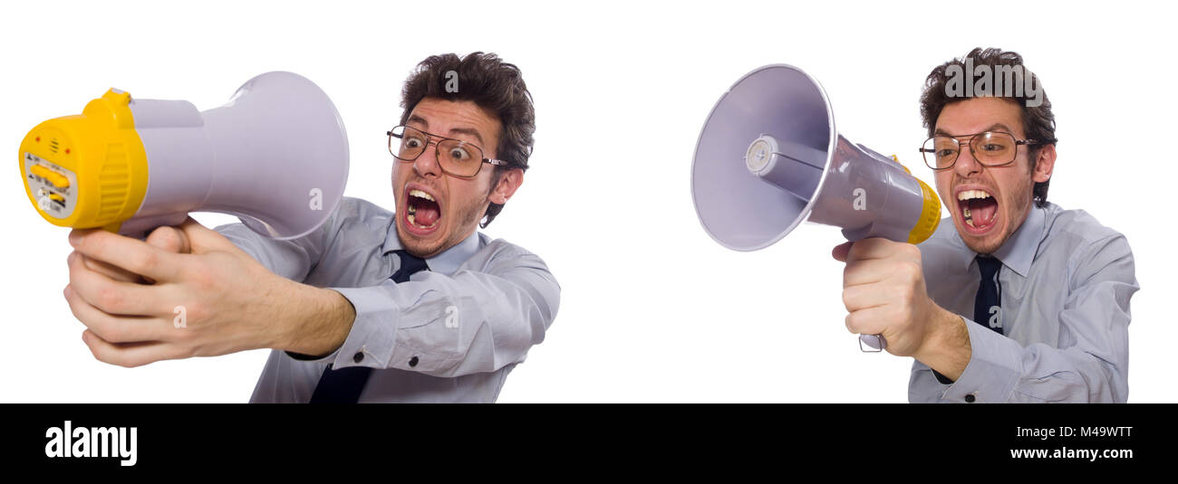 Man with loudspeaker isolated on white Stock Photo - Alamy