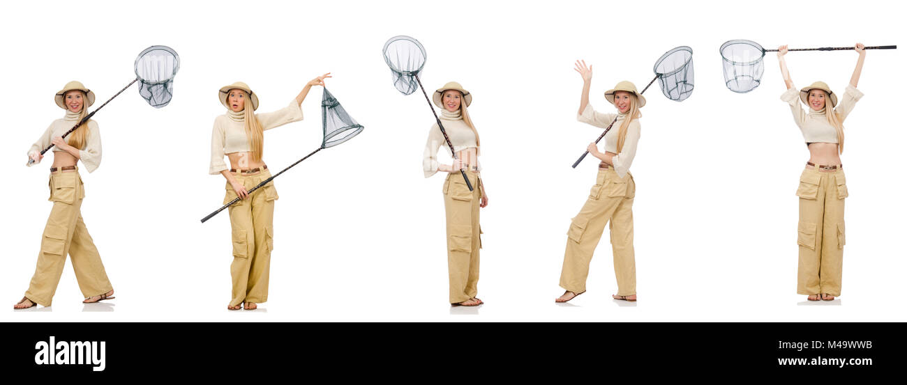 Woman with catching net on white Stock Photo - Alamy