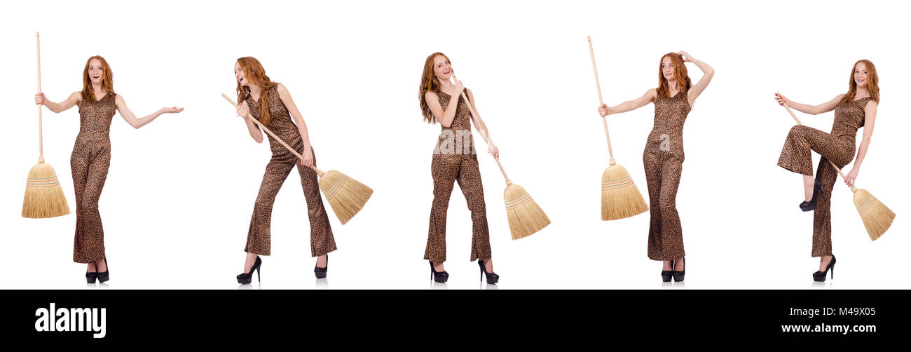 Woman cleaning floor isolated on white Stock Photo - Alamy
