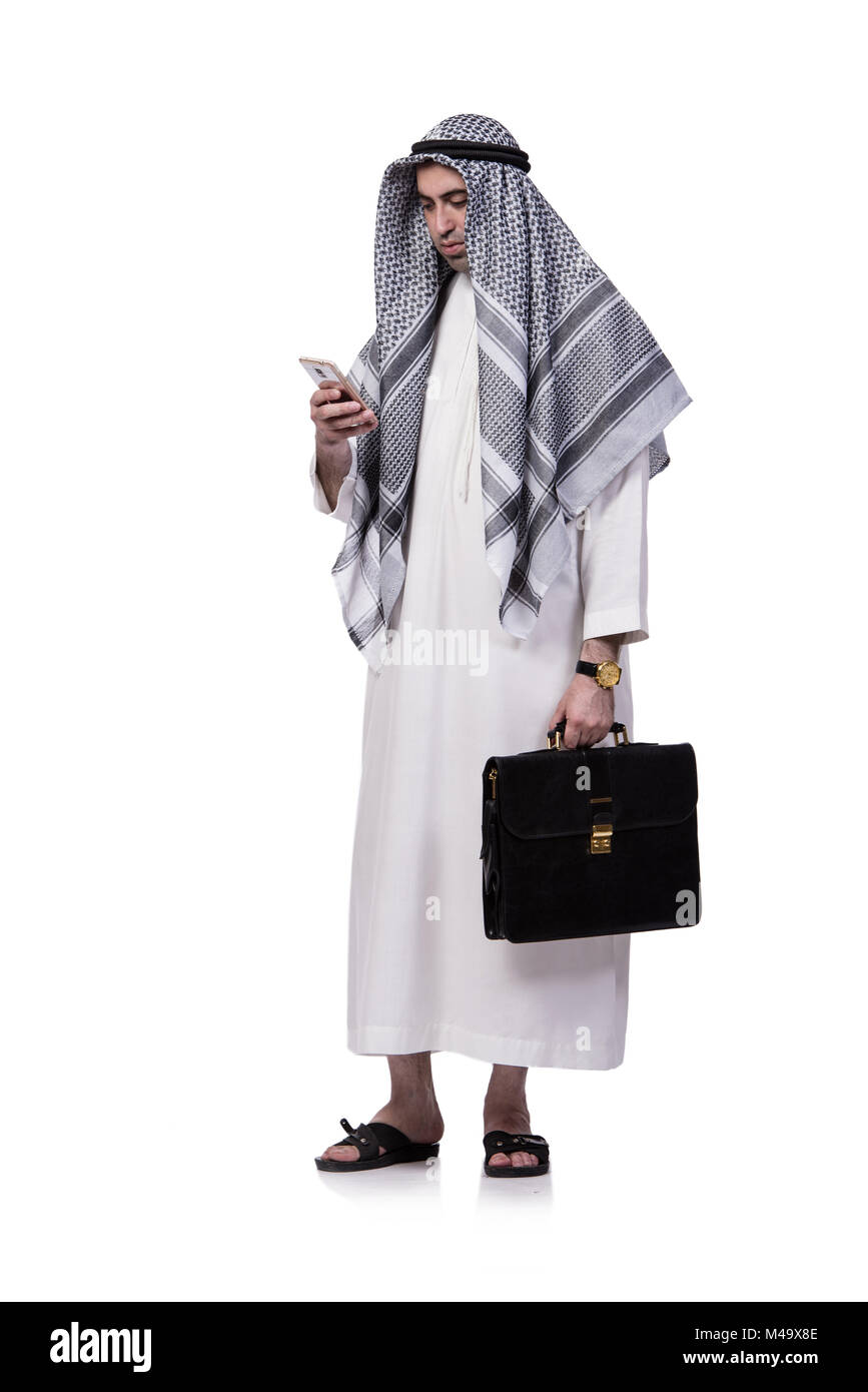Arab man with his mobile phone isolated on white Stock Photo - Alamy