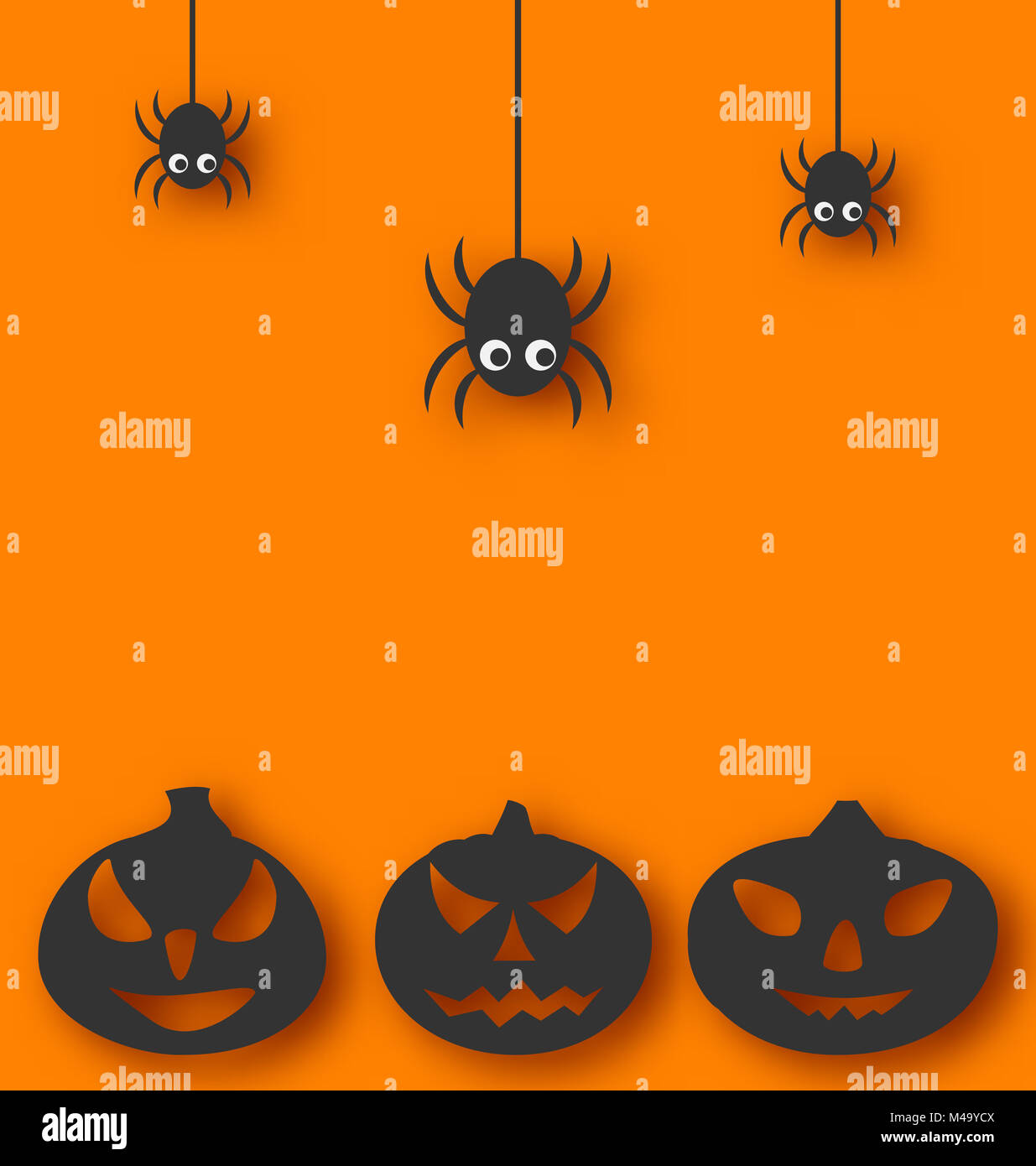 Halloween background with hanging spiders and pumpkins Stock Photo - Alamy