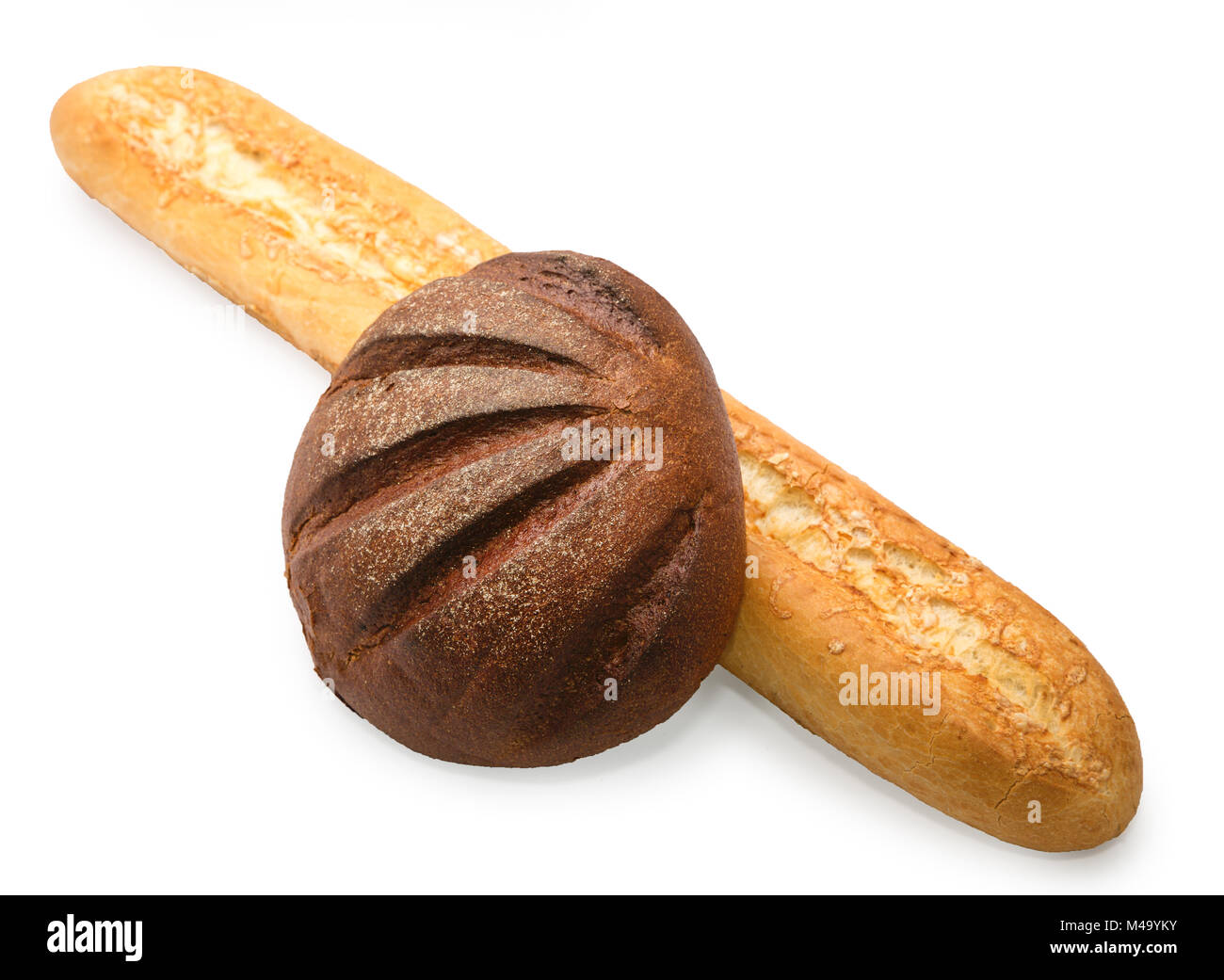long loaf and round bread on a white background Stock Photo - Alamy