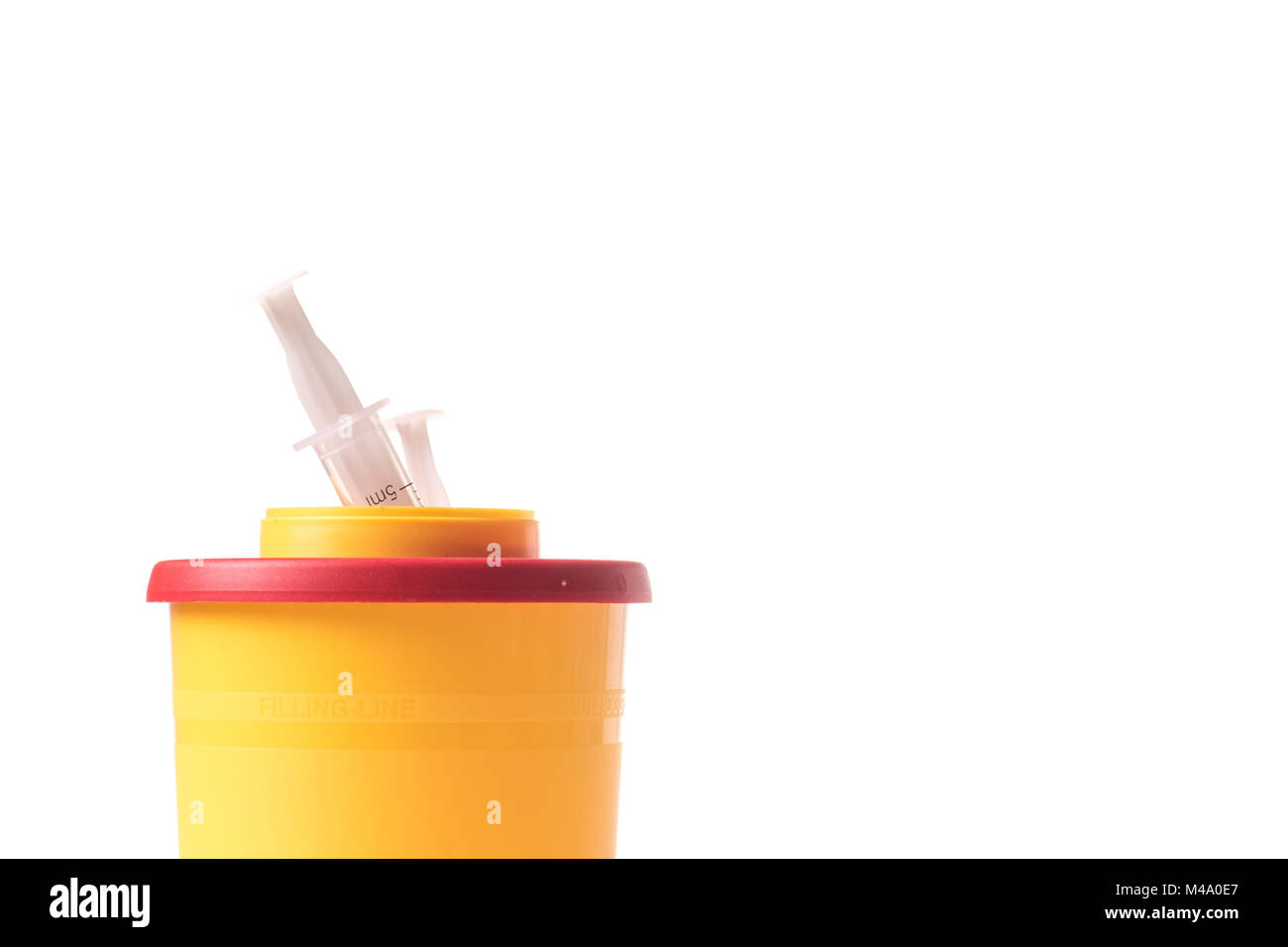 medcal waste container with used syringe isolated on white Stock Photo ...