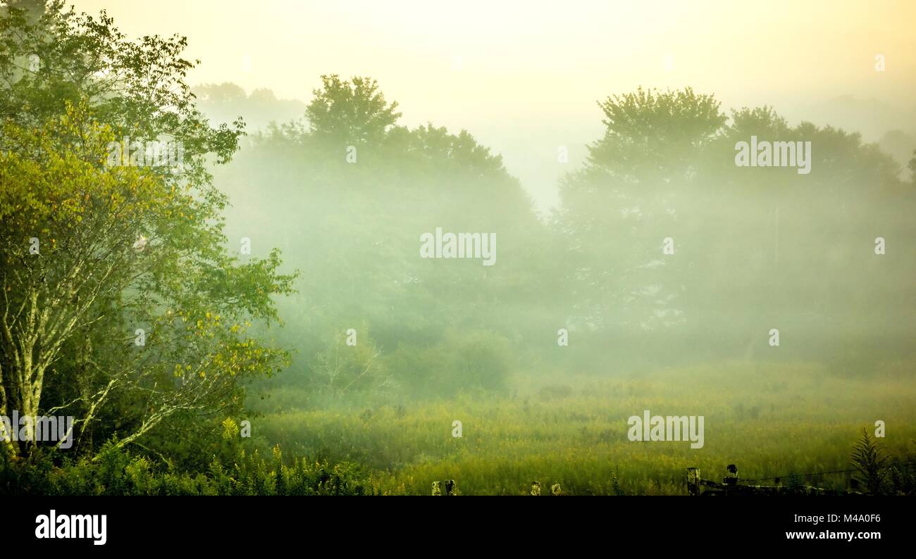 fog rolling through blue ridge parkway farm lands Stock Photo - Alamy