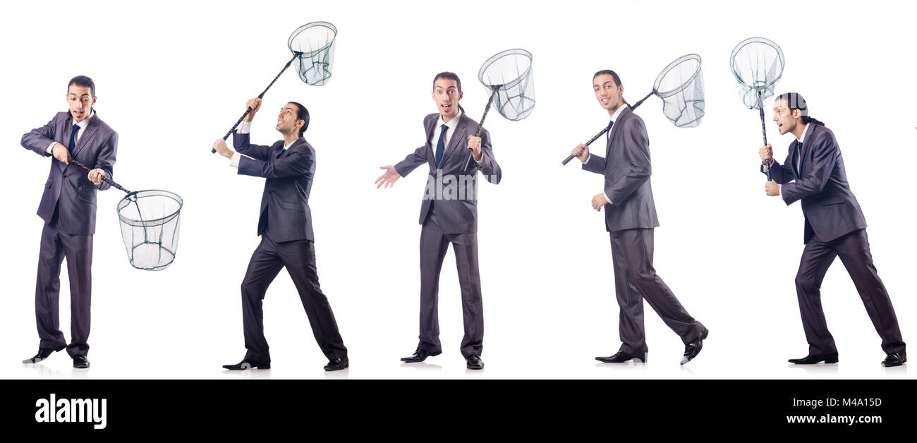 Colage of businessman with catching net on white Stock Photo - Alamy