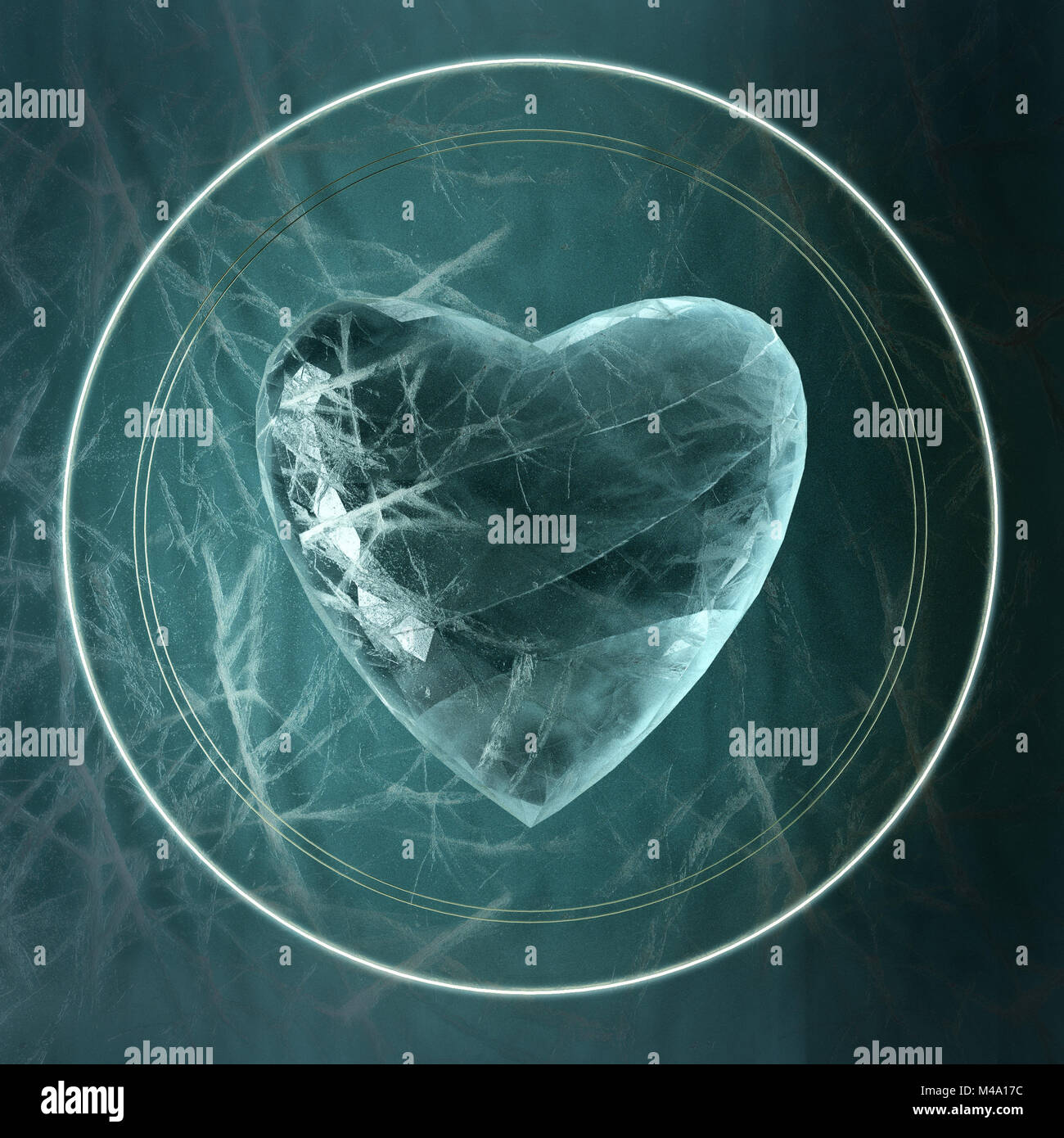 Ice heart with cracks and facets on dark ice background surrounded with ...