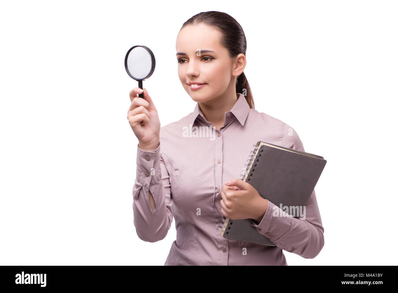 Young student with magnifying glass isolated on white Stock Photo - Alamy