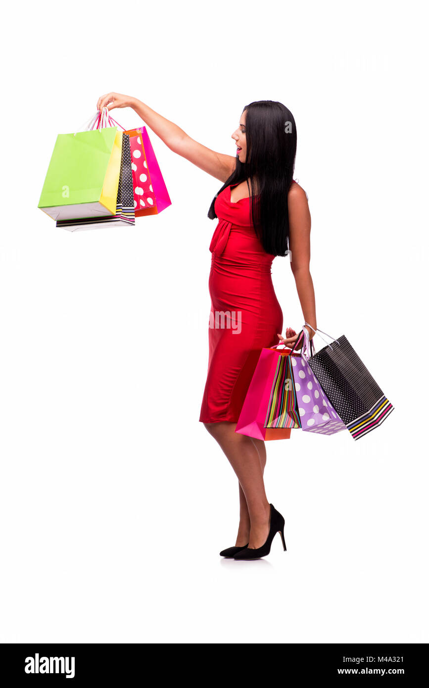Woman in red dres after shopping isolated on white Stock Photo - Alamy