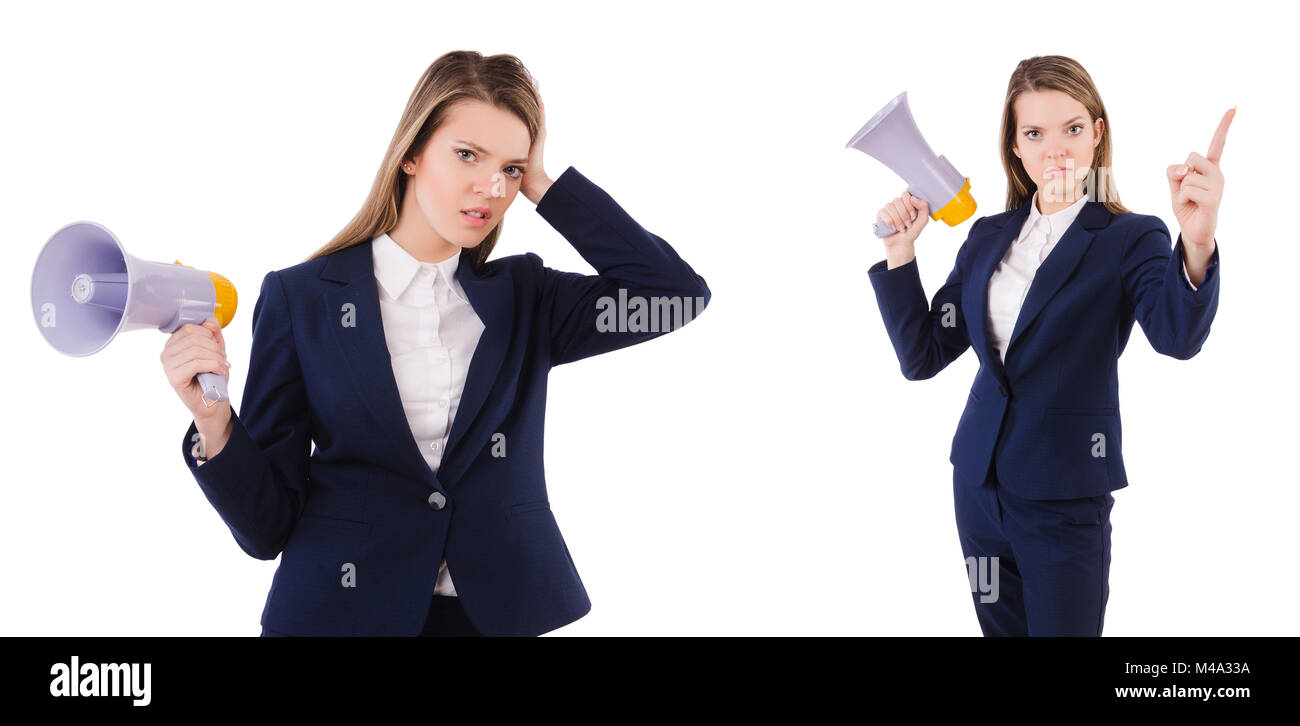 Businesswoman with loudspeaker isolated on white Stock Photo - Alamy