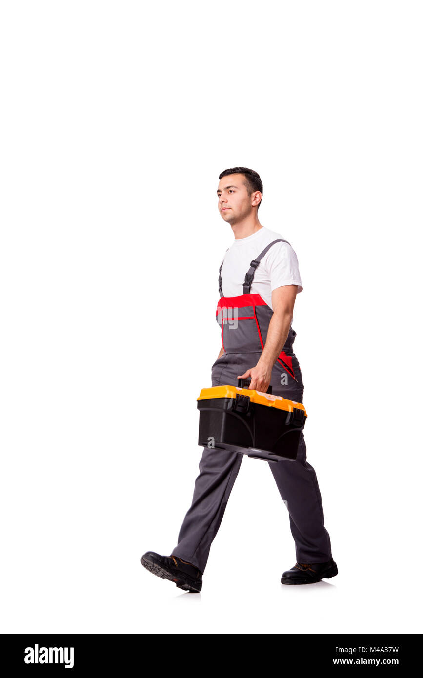 Young man with toolkit toolbox isolated on white Stock Photo - Alamy