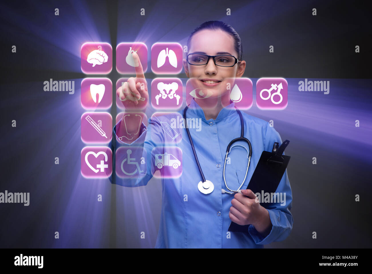 Woman doctor pressing buttons with various medical icons Stock Photo ...