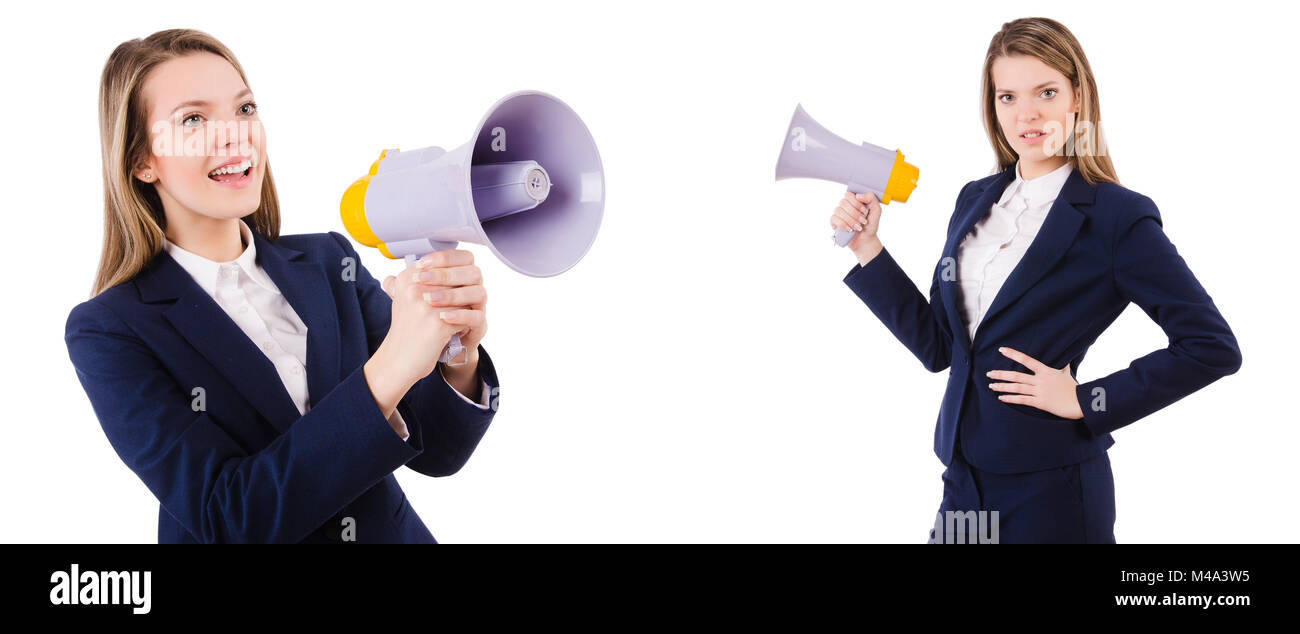 Businesswoman with loudspeaker isolated on white Stock Photo - Alamy