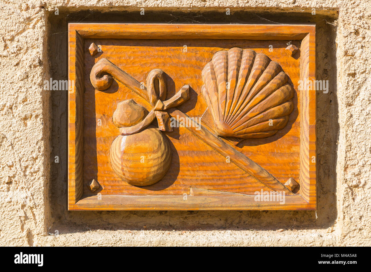 Wooden sign on the pilgrimage trail,pillgrim's scallop and walking ...