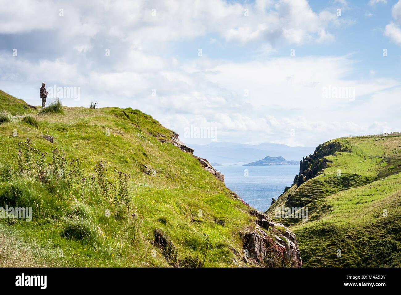 Tourist looking out over fields and ocean, Isle of Skye, Scotland Stock ...
