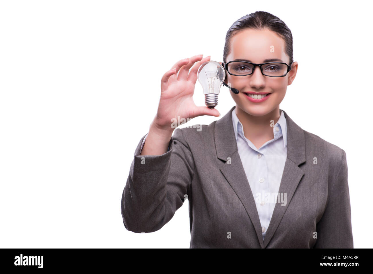 Call center operator with light bulb isolated on white Stock Photo - Alamy