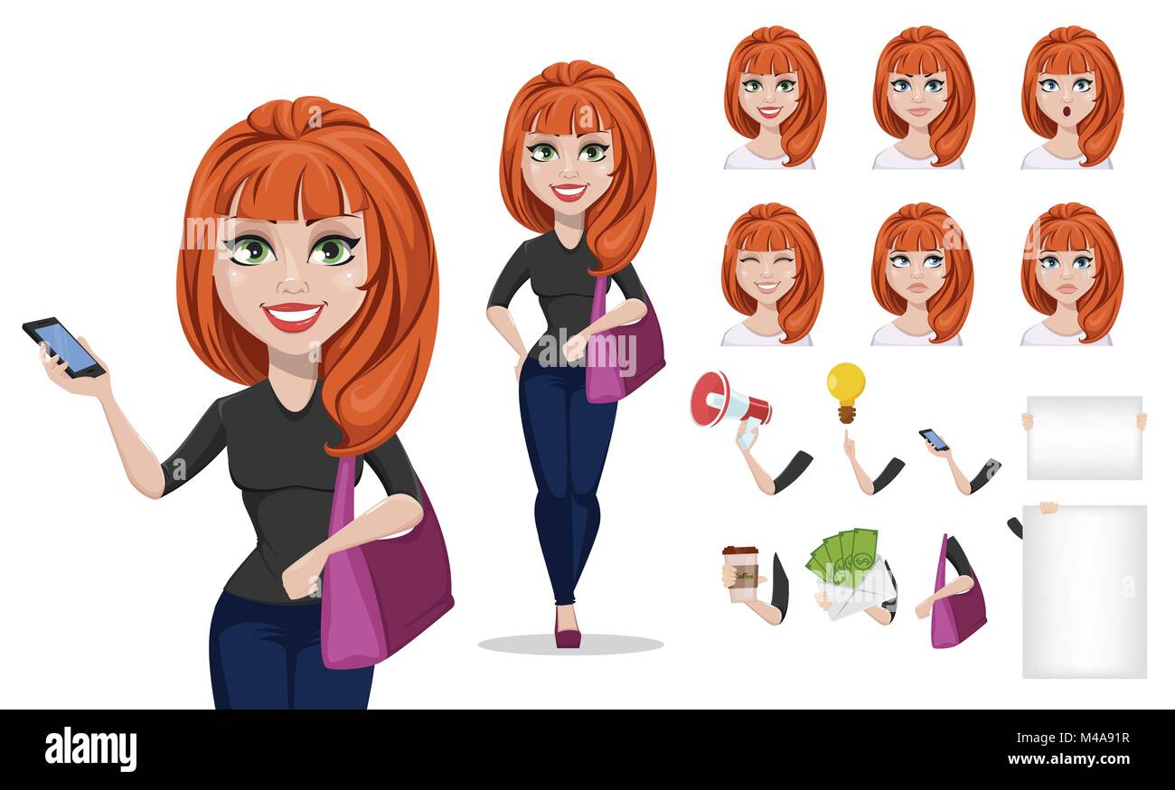 Freelancer woman cartoon character creation set. Young beautiful ...