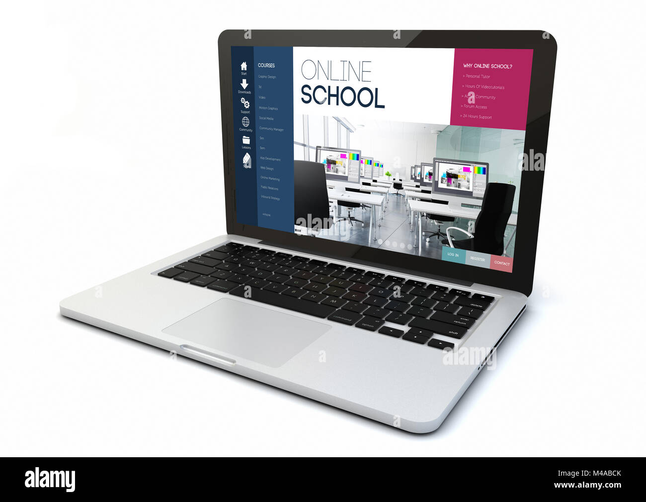 render of a 3d rendering computer with online schoolon the screen ...