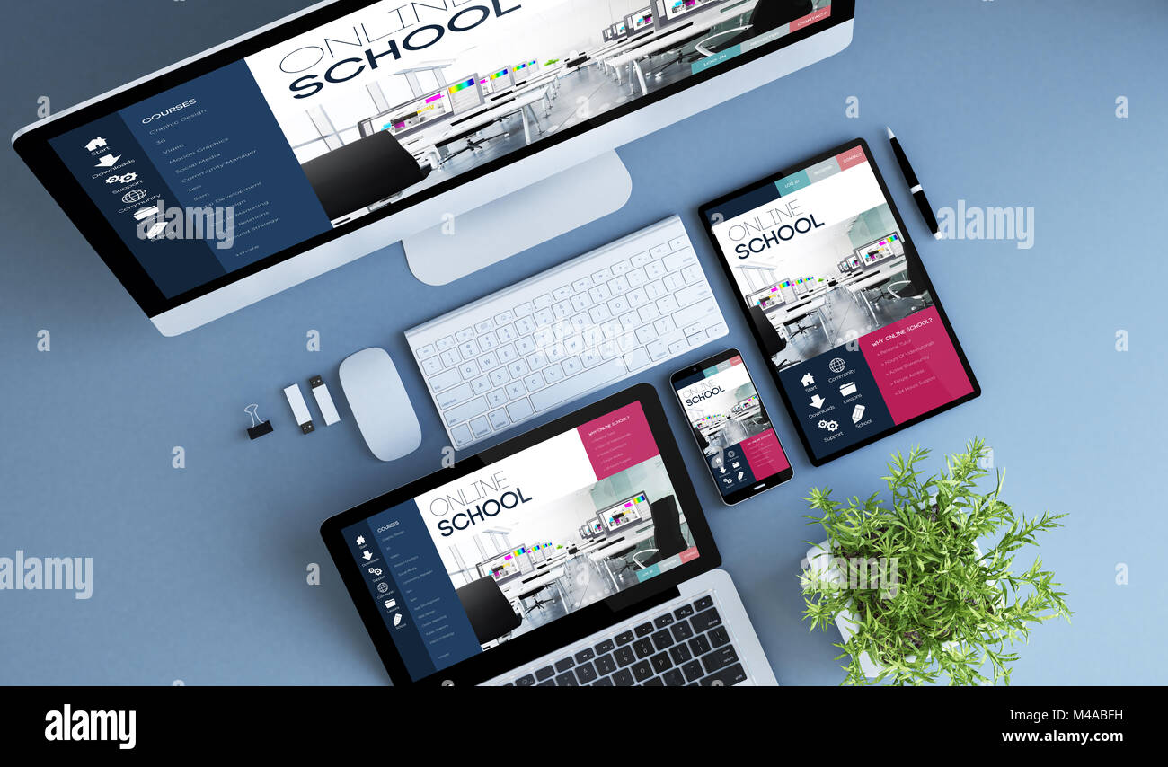 blue devices top view online school 3d rendering Stock Photo - Alamy