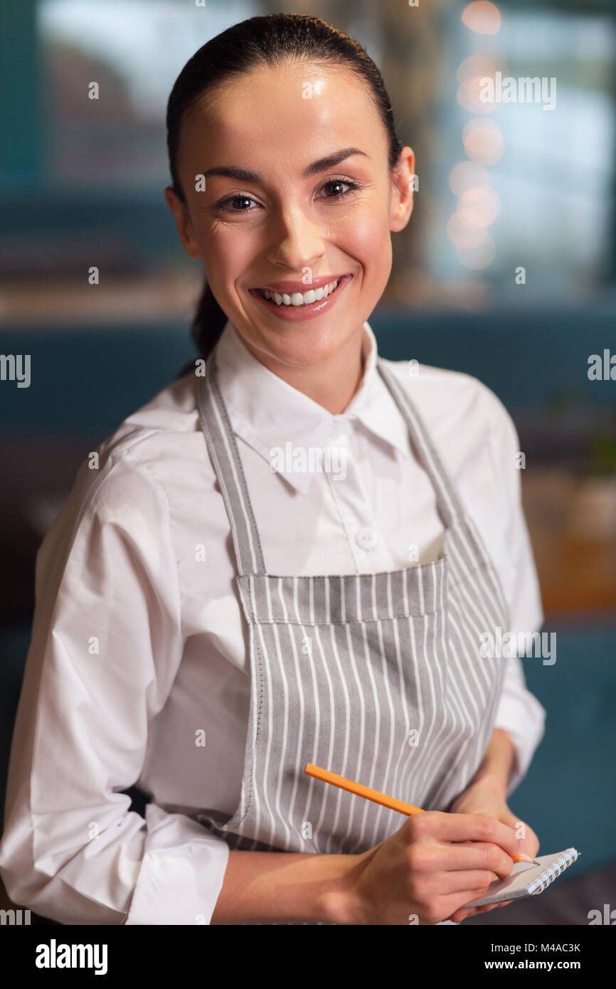 Skillful attractive waitress receiving order Stock Photo - Alamy