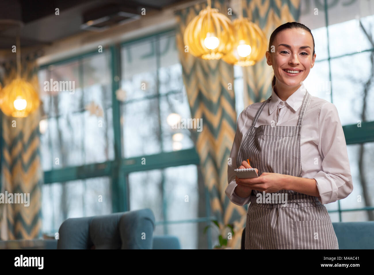 Cheerful appealing waitress performing work Stock Photo - Alamy