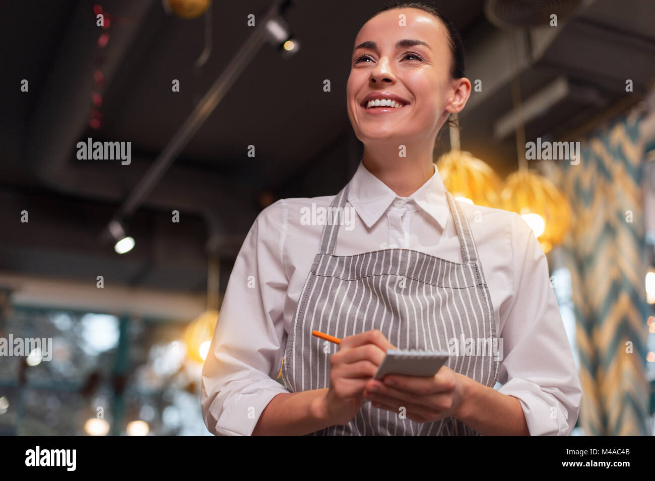 Cheerful happy waitress writing down order Stock Photo - Alamy