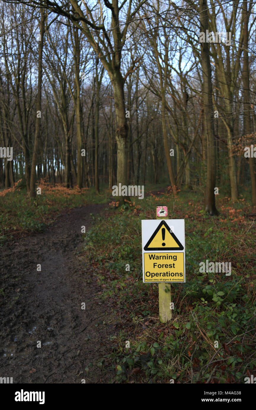 Sign warning of forestry operations in the Wyre forest, Worcestershire ...