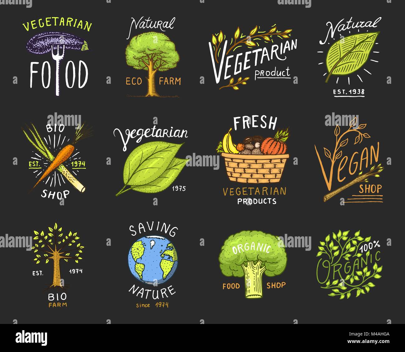 Healthy Organic food logos set or labels and elements for Vegetarian ...