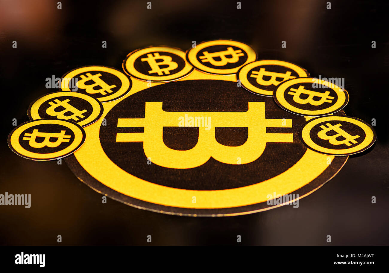 Quito, Ecuador - January 31, 2018: Indoor view of Golden Bitcoin logo ...