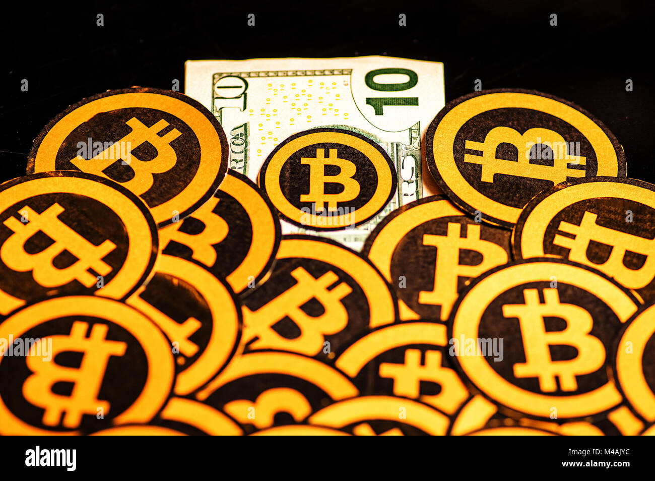 Quito, Ecuador - January 31, 2018: Indoor view of many Golden Bitcoin ...