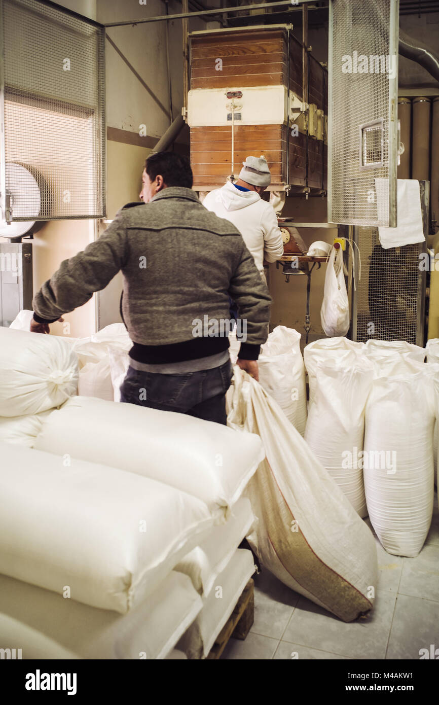 Production of genuine wheat flour in an ancient mill in Erchie, Puglia ...