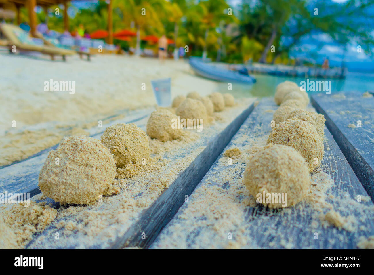 Close up of selective focus of small balls of sand after crabs lunch ...