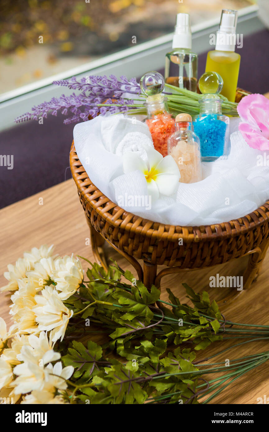 Spa and Massage Oil in the thai basket Stock Photo - Alamy