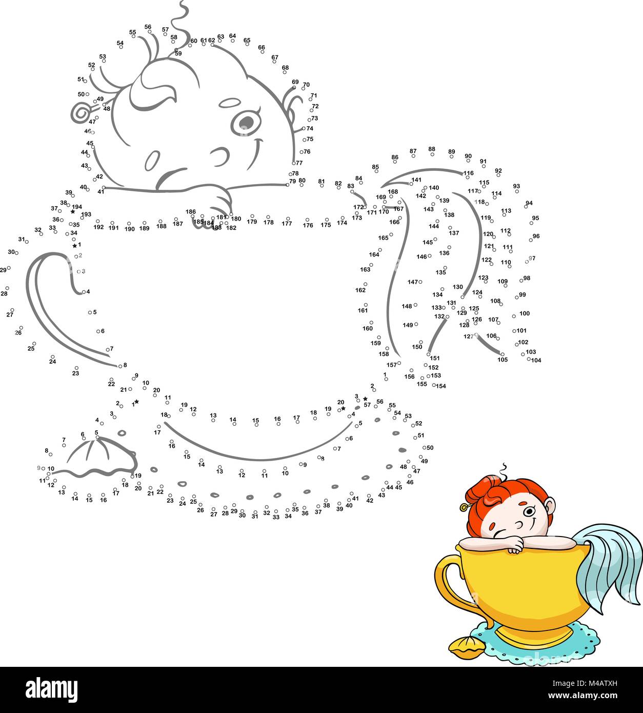 Numbers game for children. Connect the dots. Cute mermaid in a cup of ...