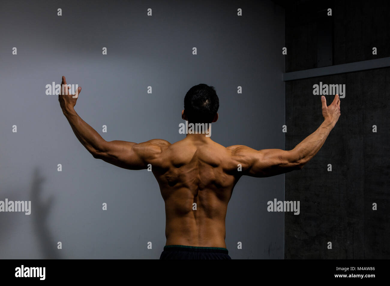A male fitness model displays his back muscles. Medium shot Stock Photo ...