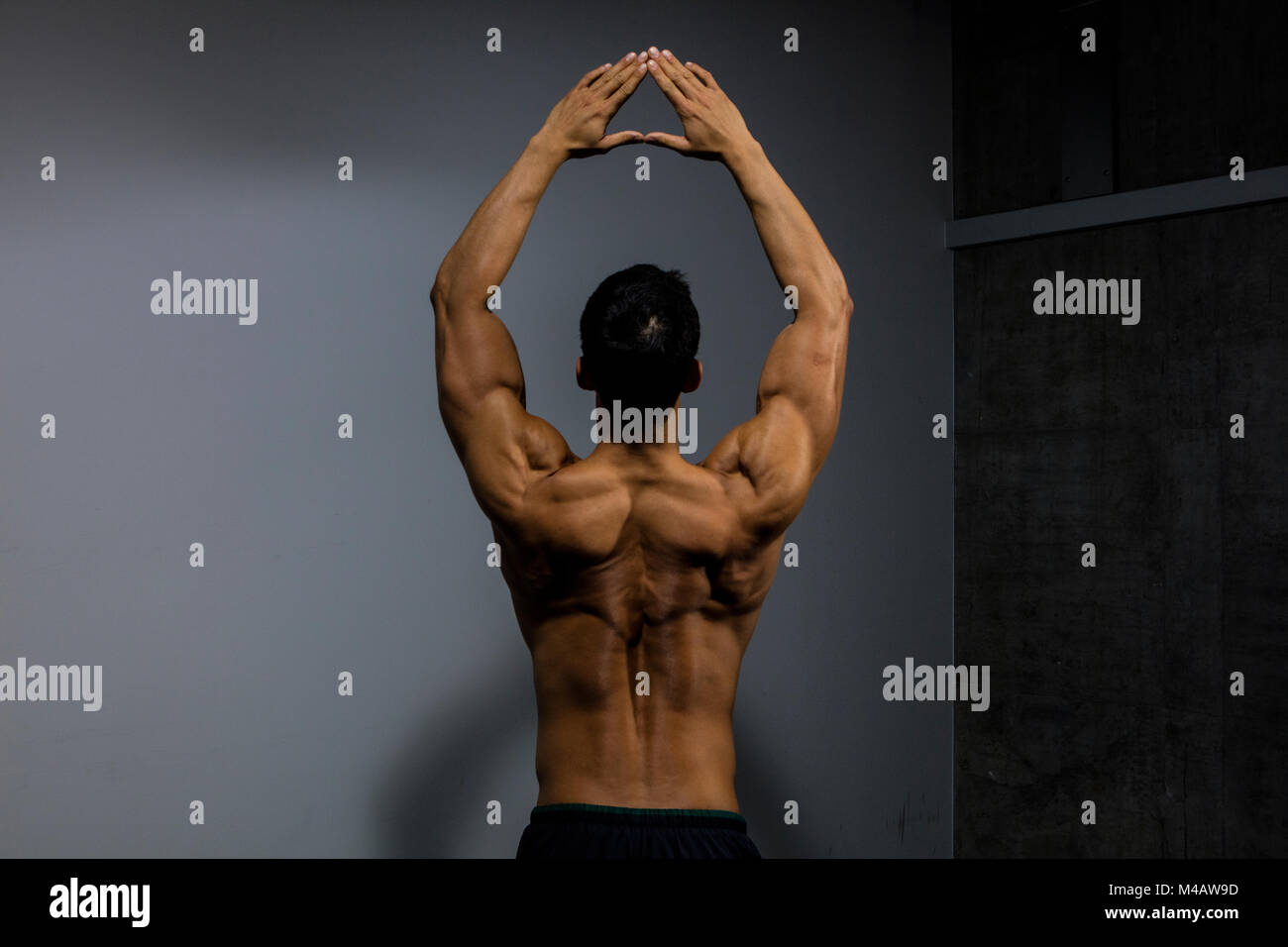 A male fitness model displays his back muscles. Medium shot Stock Photo ...
