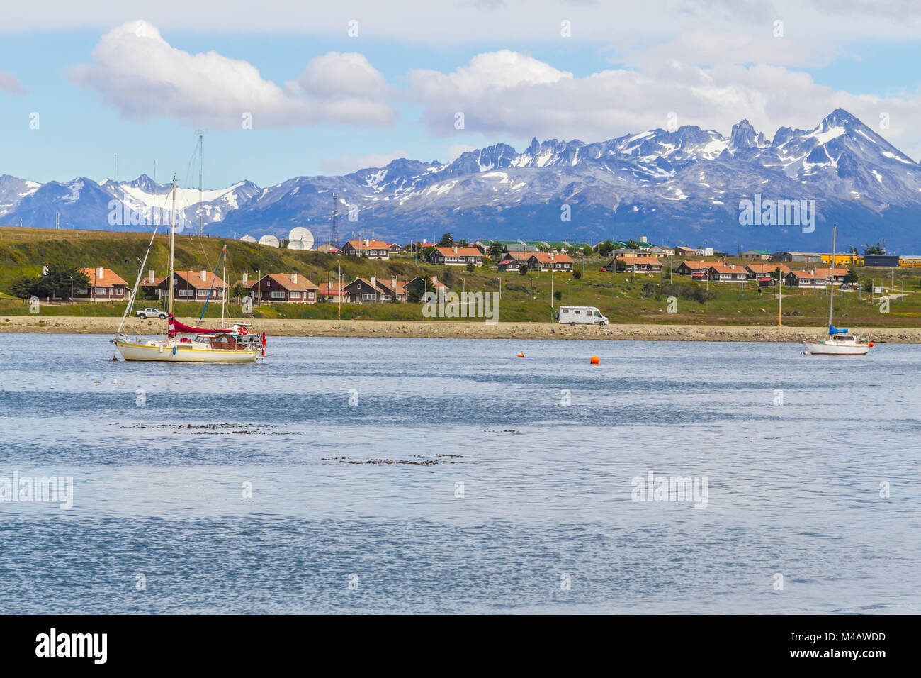 Beagle channel, mountains and buildings in Ushuaia, Patagonia ...