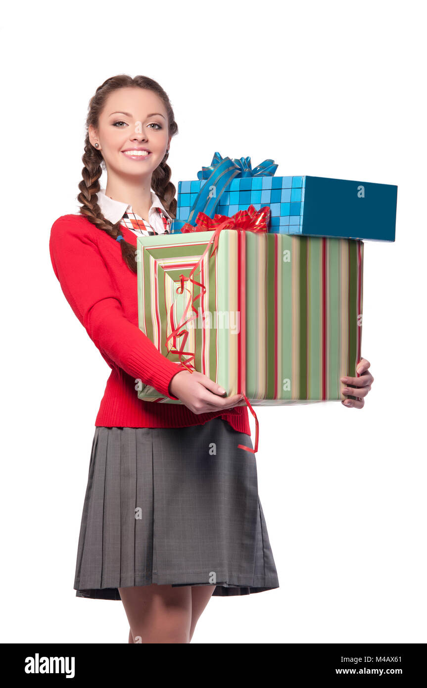 woman holding boxes with gifts Stock Photo - Alamy