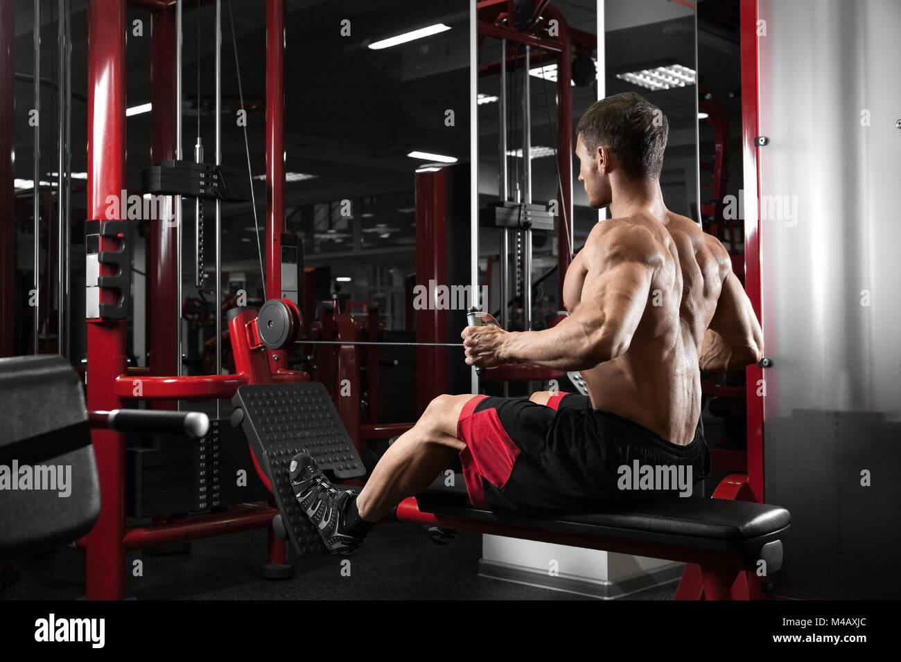 Athlete muscular bodybuilder training back on simulator in the gym ...