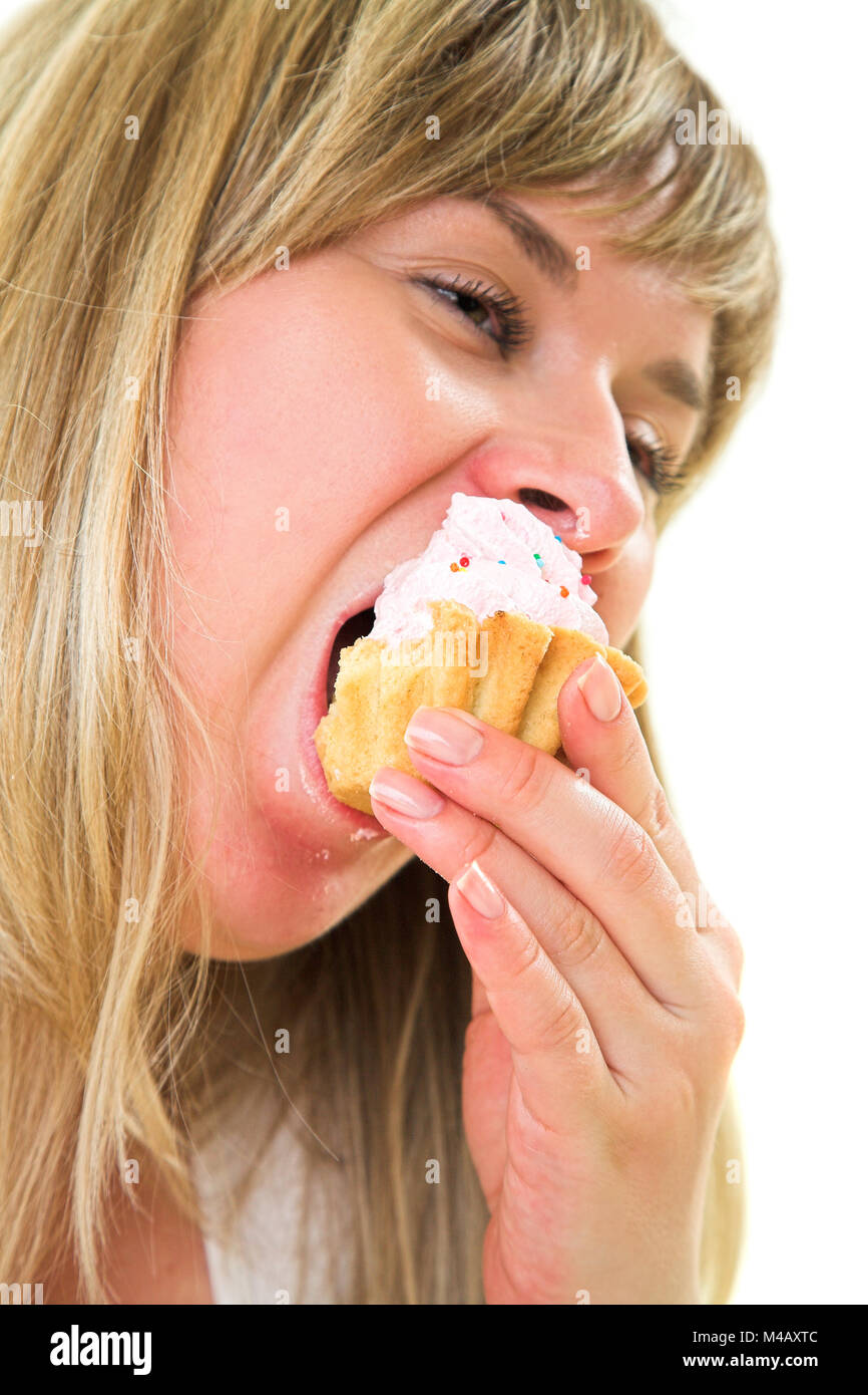 Fat woman eats cream cake Stock Photo - Alamy
