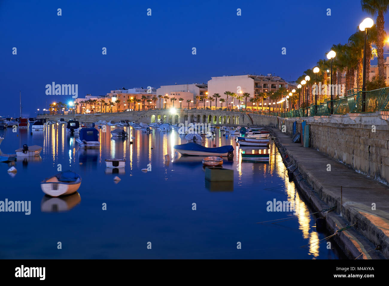 The night view of Marsaskala waterfront and Marsaskala Creek. Malta ...