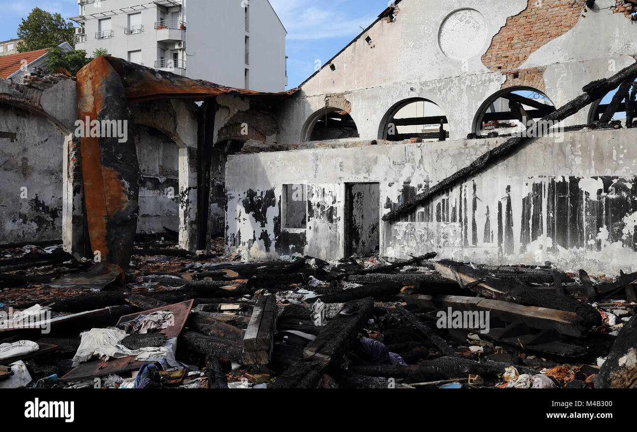 Collapsed Roof and Burned Wooden Beams in Factory After Fire Stock ...