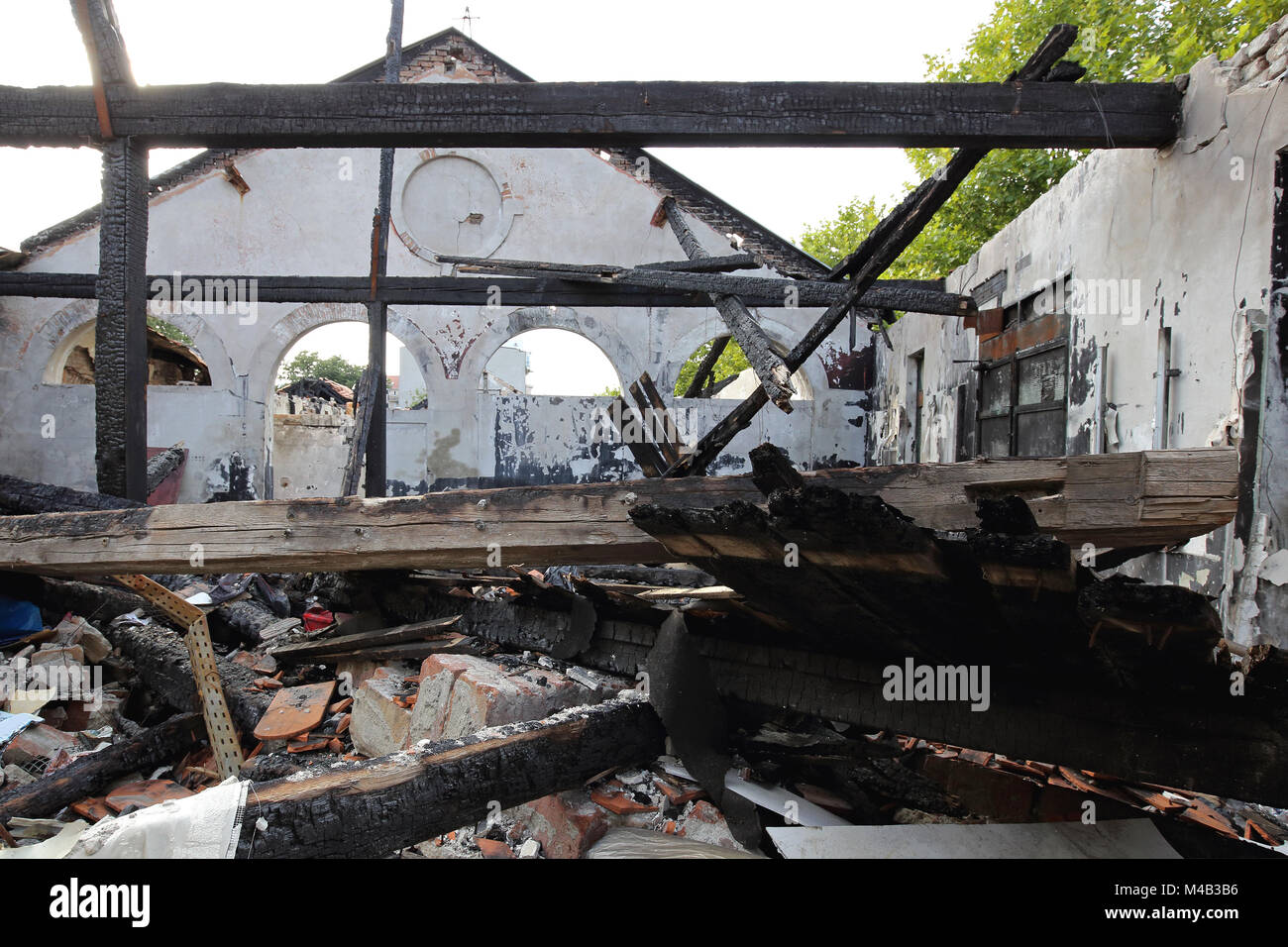 Burned Wooden Structure in Factory After Fire Disaster Stock Photo - Alamy