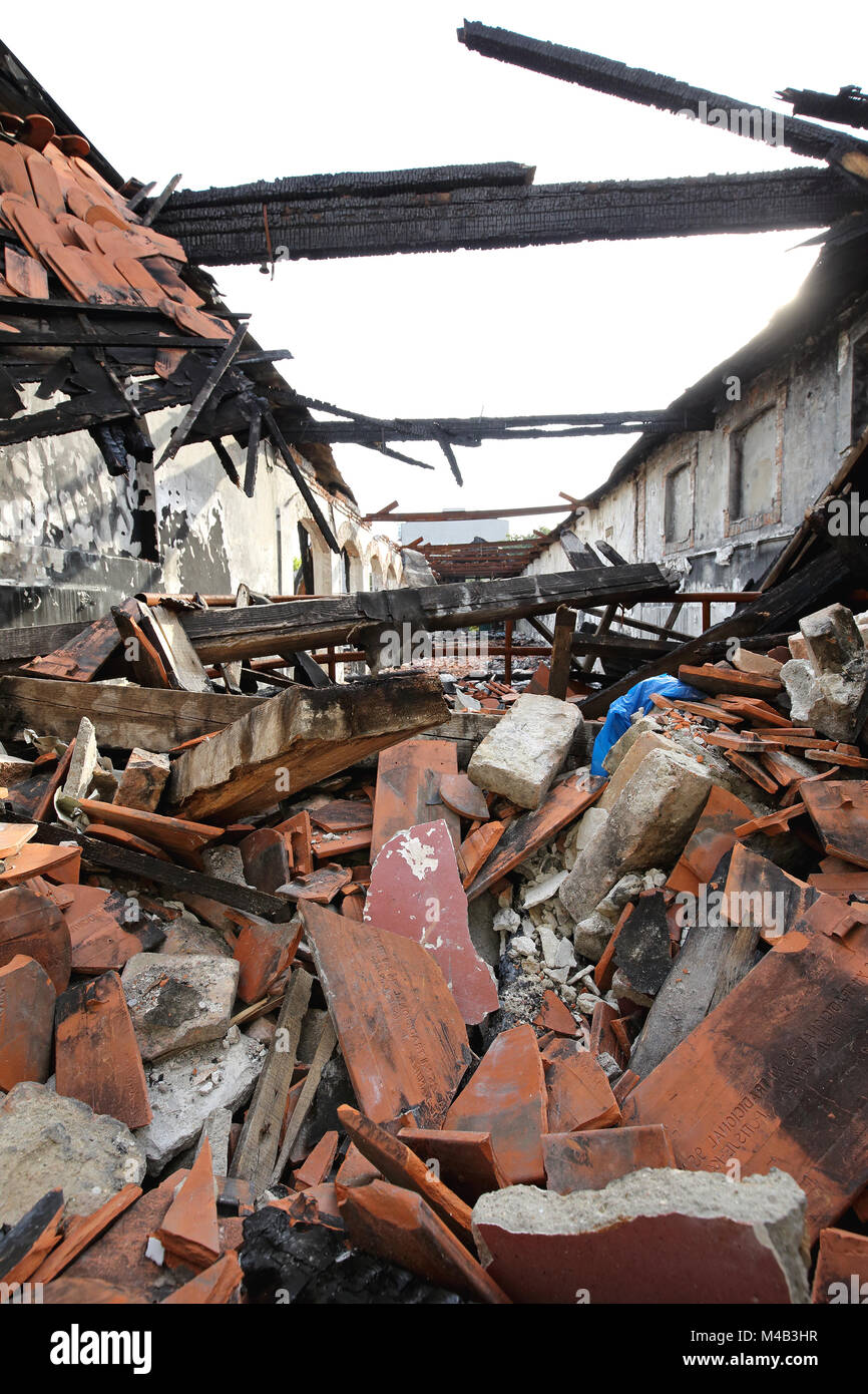 Collapsed Roof and Burned Wooden Structure in Factory After Fire Stock ...