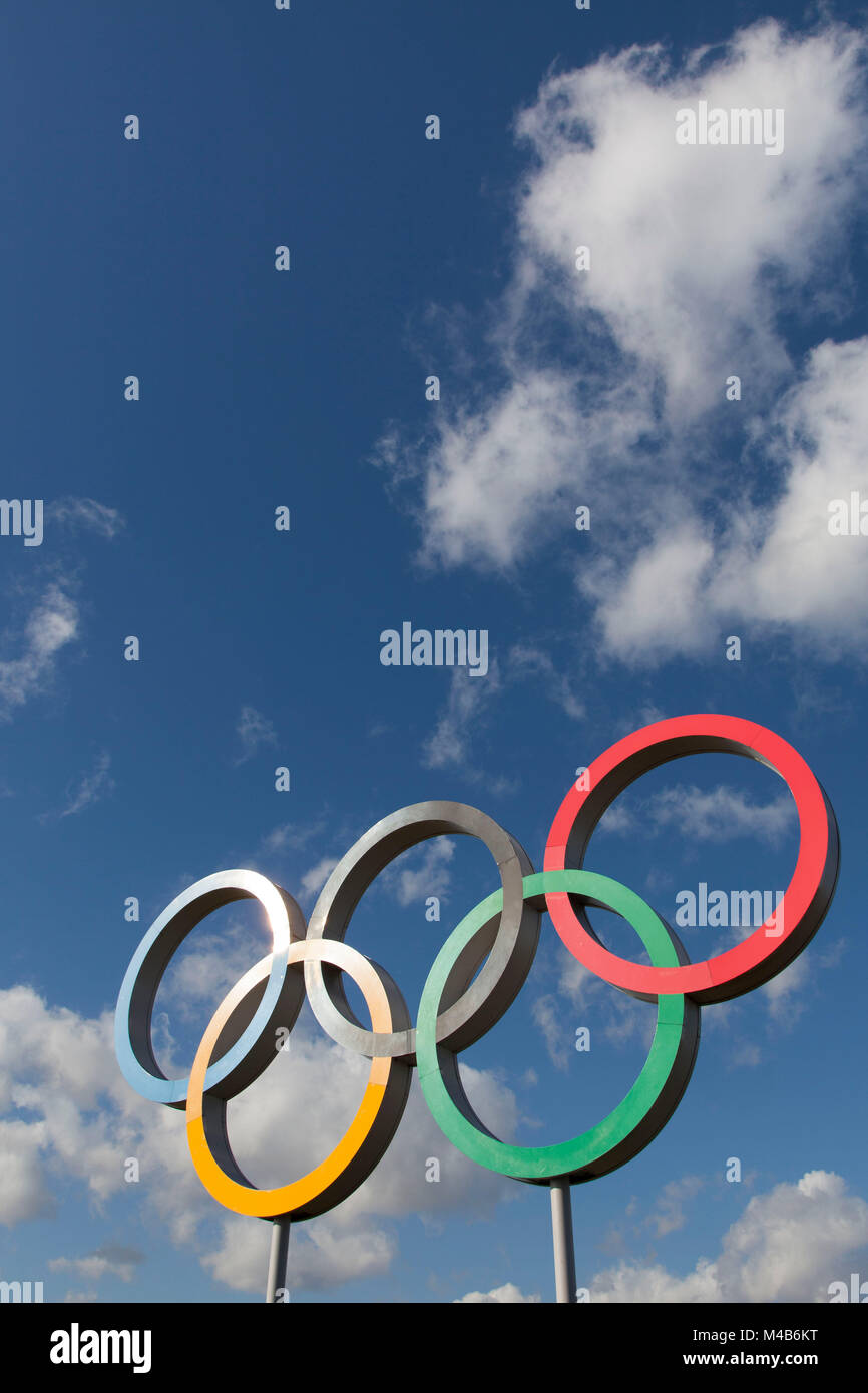 LONDON, UK - February 15th 2018: The Olympic symbol, made up of five ...