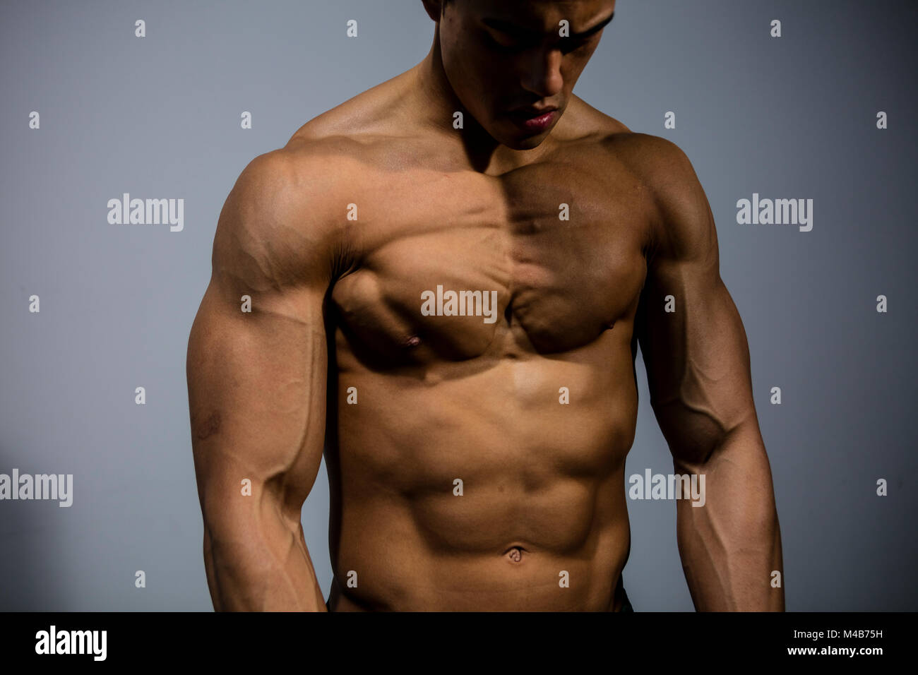 A fitness model torso with the chest muscles tightly flexed. Close up ...